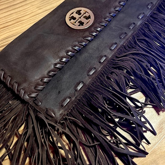 Tory Burch | Bags | Rare Tory Burch Dark Brown Fringe Clutch Wristlet ...